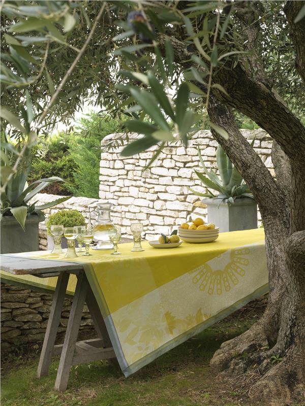 Jardin d Orient cedrat yellow linen French tablecloth by Le Jacquard ...